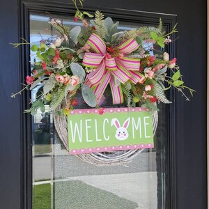 Easter Welcome Bunny Wreath for Front Door Spring Pink and | Etsy
