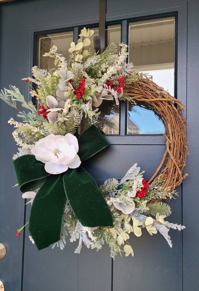Winter Wreath With White Magnolia Decor With Flocked Greenery - Etsy