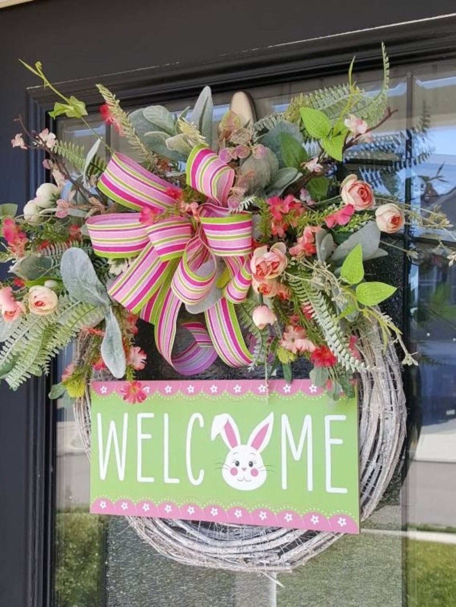 Easter Welcome Bunny Wreath for Front Door Spring Pink and | Etsy