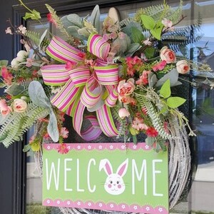 Easter Welcome Bunny Wreath for Front Door Spring Pink and | Etsy