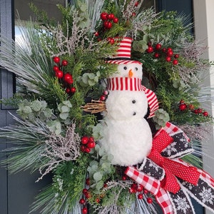 White and Red Rustic Snowman Wreath With Winter Greenery, Most Popular ...