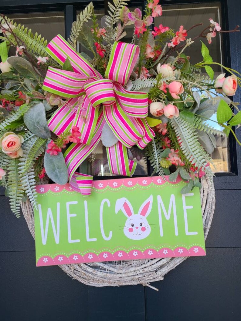 Easter Welcome Bunny Wreath for Front Door Spring Pink and - Etsy