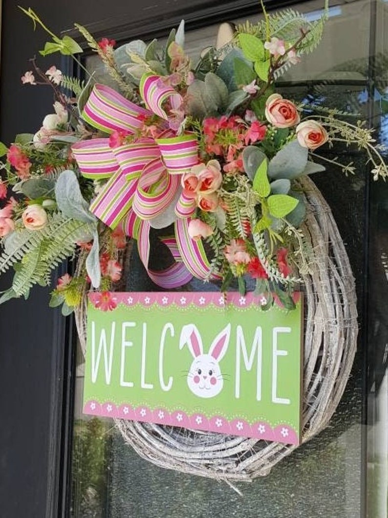 Easter Welcome Bunny Wreath for Front Door Spring Pink and | Etsy