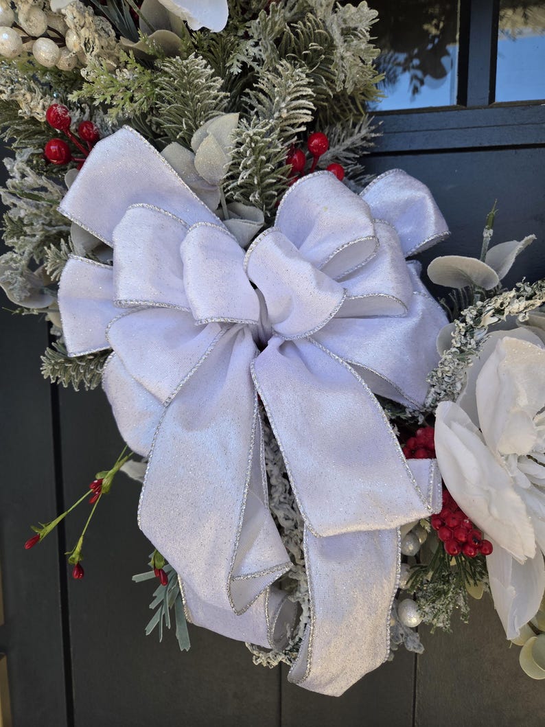 White Magnolia Winter Wreath: Flocked Greenery, Red Berries, Velvet Bow ...
