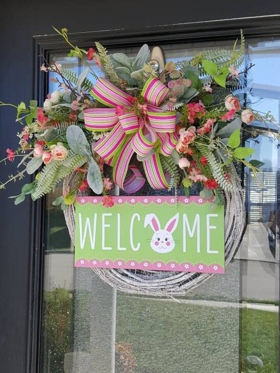 Easter Welcome Bunny Wreath for Front Door Spring Pink and | Etsy