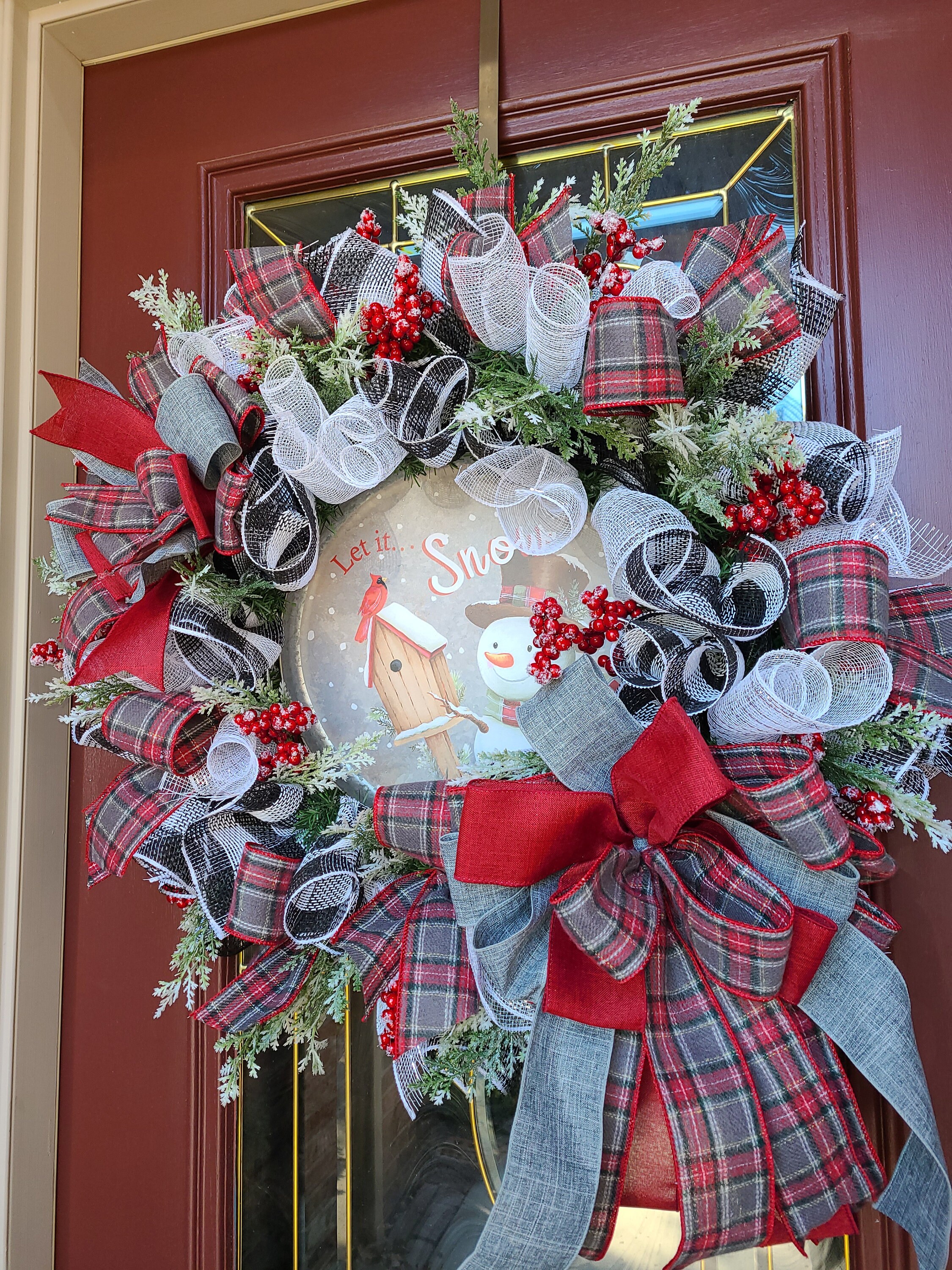 Rustic Snowman Wreath with Black and White Deco Mesh Snowman | Etsy