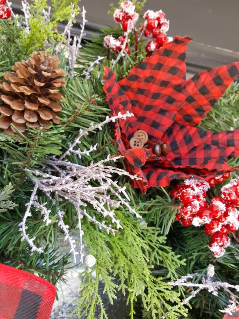 Winter Wreath with Red and Black Buffalo Check Poinsettias | Etsy