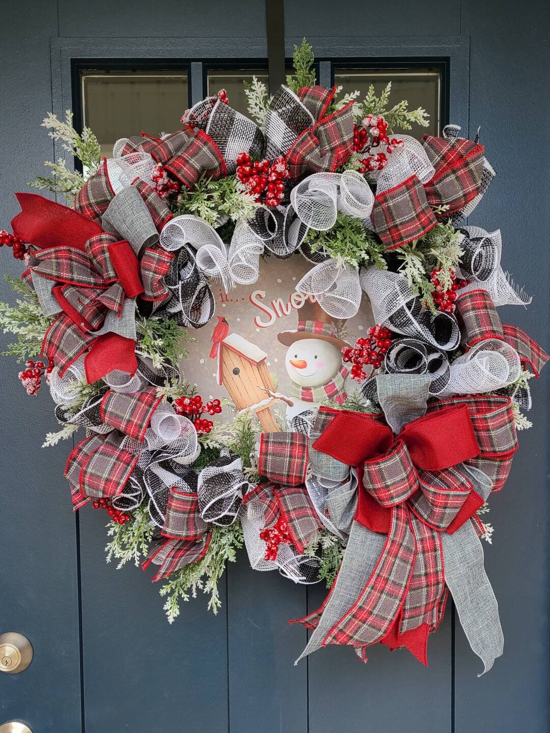 Rustic Snowman Wreath With Black and White Deco Mesh, Snowman Evergreen ...