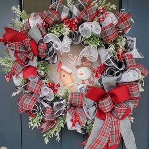 Rustic Snowman Wreath With Black and White Deco Mesh, Snowman Evergreen ...
