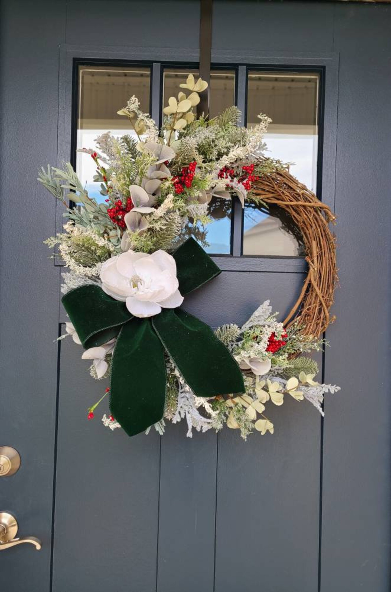 Winter Wreath With White Magnolia Decor With Flocked Greenery - Etsy