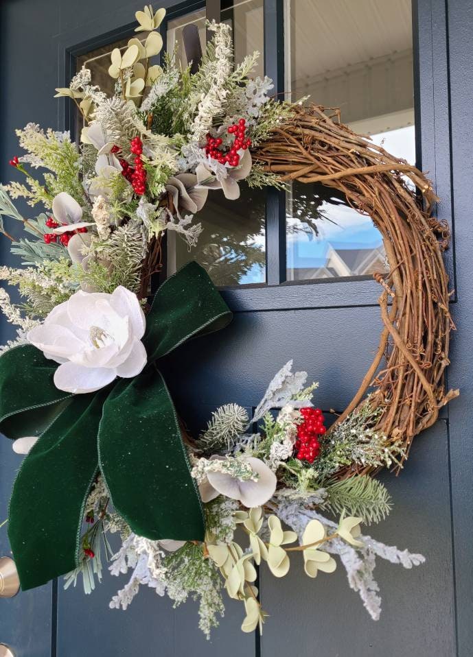 Winter Wreath With White Magnolia Decor With Flocked Greenery | Etsy