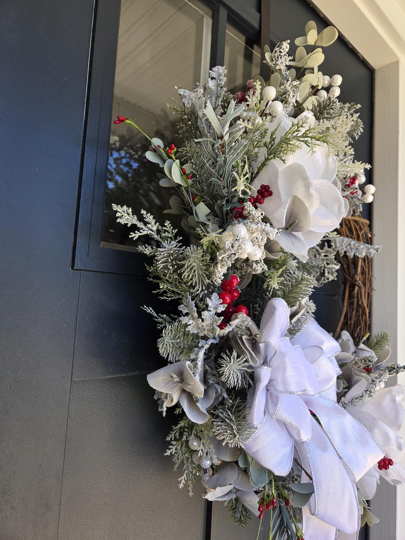 White Magnolia Winter Wreath: Flocked Greenery, Red Berries, Velvet Bow ...