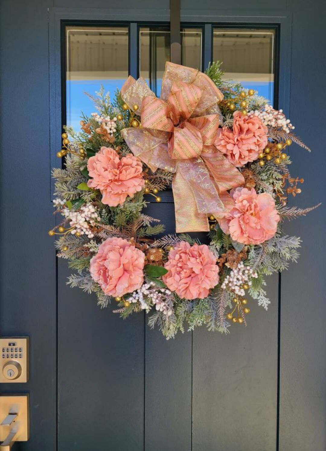 Rose Gold Winter Floral Wreath for Home, Pink Peony Grapevine Wreath ...