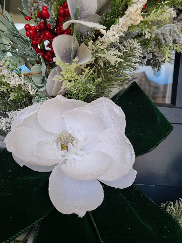 Winter Wreath With White Magnolia Decor With Flocked Greenery | Etsy