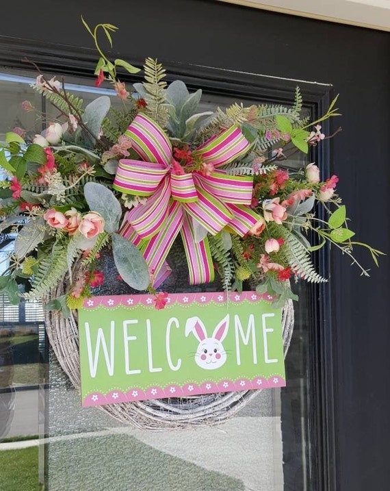 Easter Welcome Bunny Wreath for Front Door Spring Pink and | Etsy
