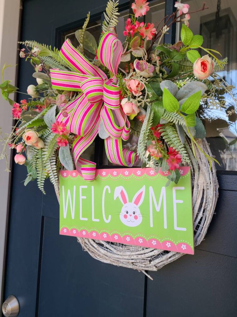 Easter Welcome Bunny Wreath for Front Door Spring Pink and - Etsy