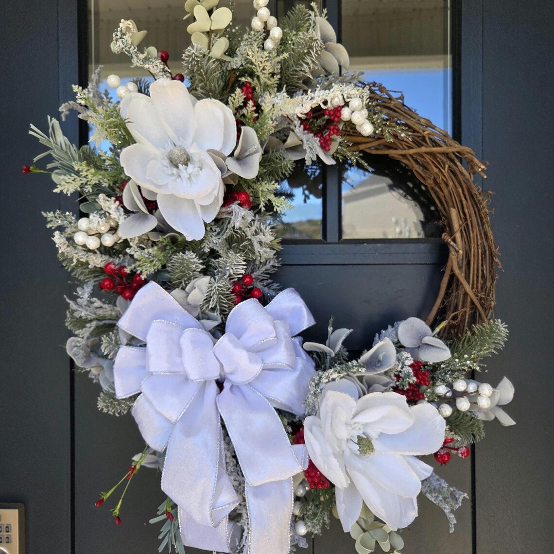 White Magnolia Winter Wreath: Flocked Greenery, Red Berries, Velvet Bow ...