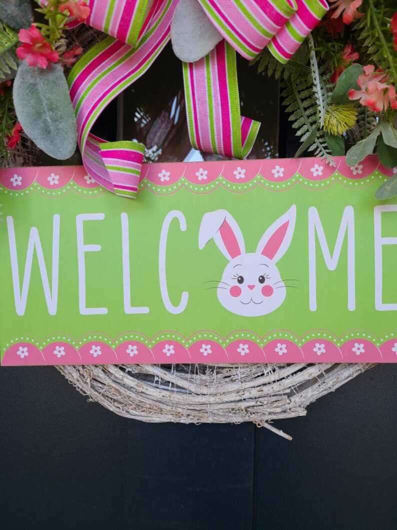 Easter Welcome Bunny Wreath for Front Door Spring Pink and - Etsy