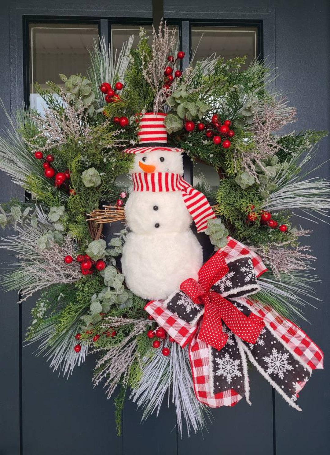 White and Red Rustic Snowman Wreath With Winter Greenery, Most Popular ...