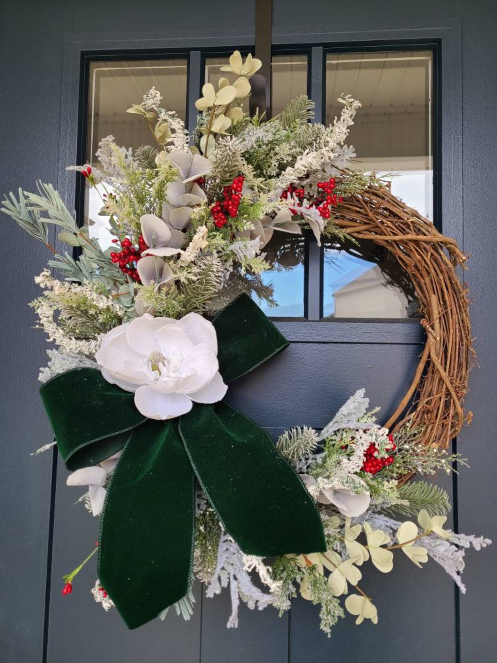 Winter Wreath With White Magnolia Decor With Flocked Greenery - Etsy
