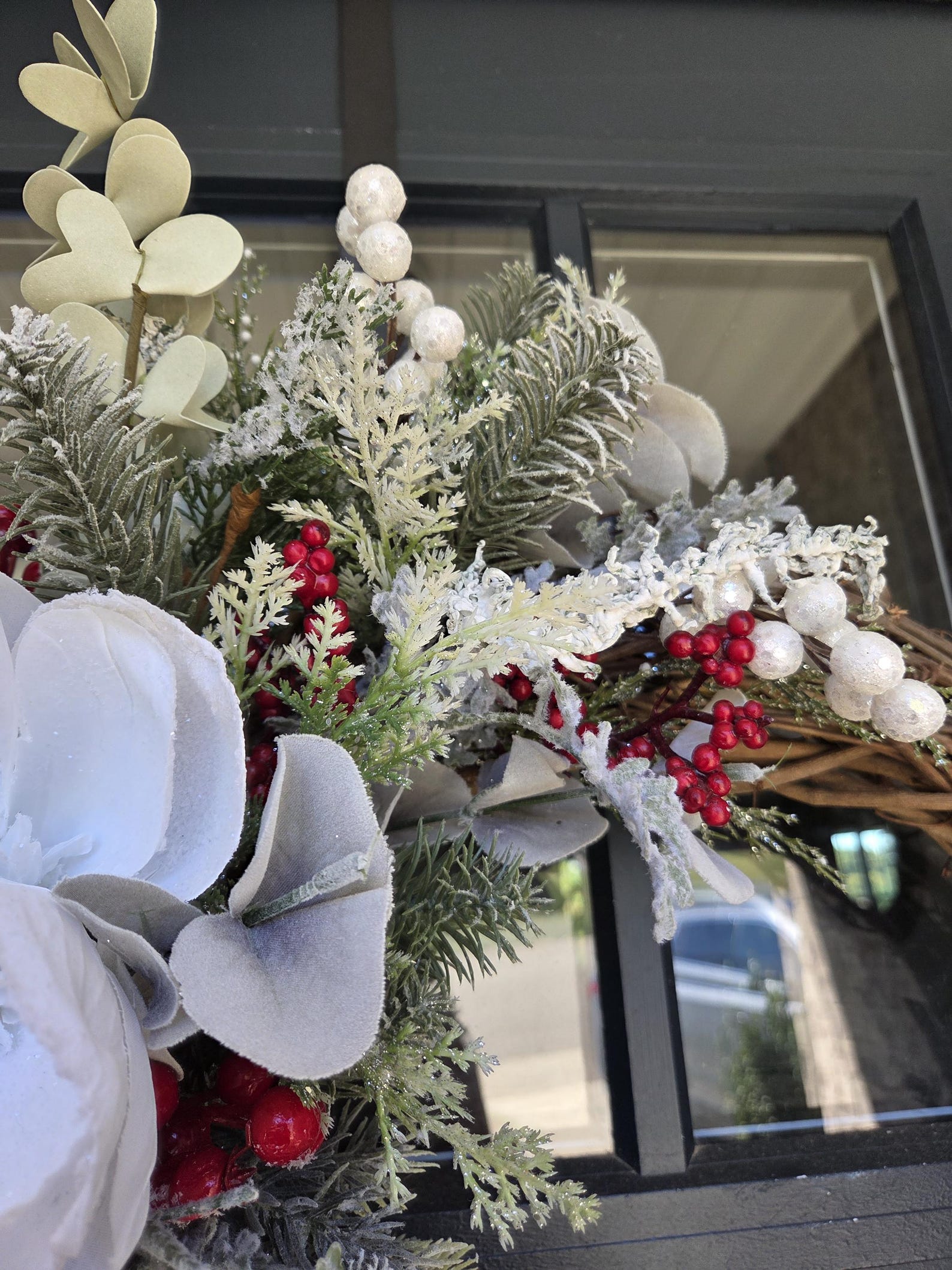 White Magnolia Winter Wreath: Flocked Greenery, Red Berries, Velvet Bow ...