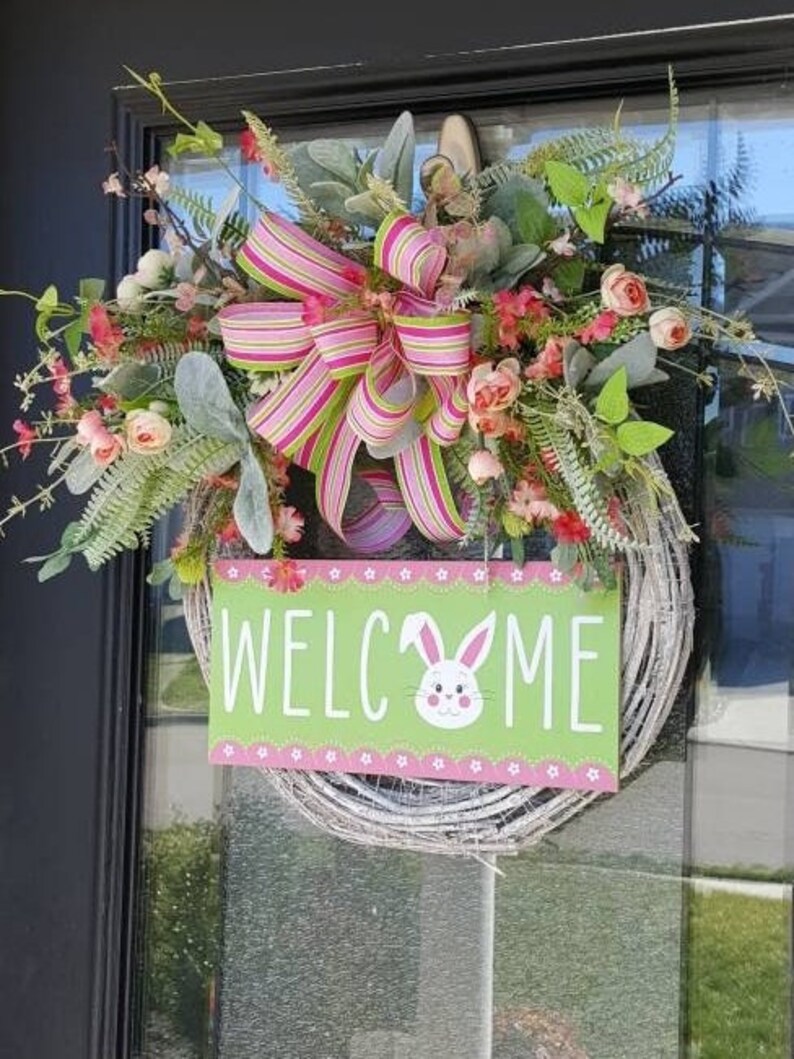 Easter Welcome Bunny Wreath for Front Door Spring Pink and | Etsy