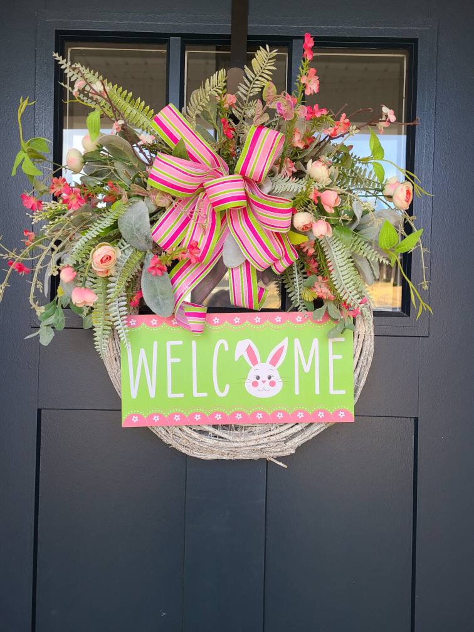 Easter Welcome Bunny Wreath for Front Door Spring Pink and - Etsy
