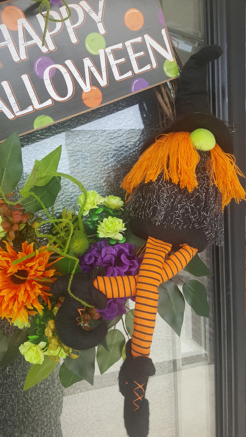 Halloween Witch Gnome Wreath Spooky Wreath Door Decor Orange - Etsy