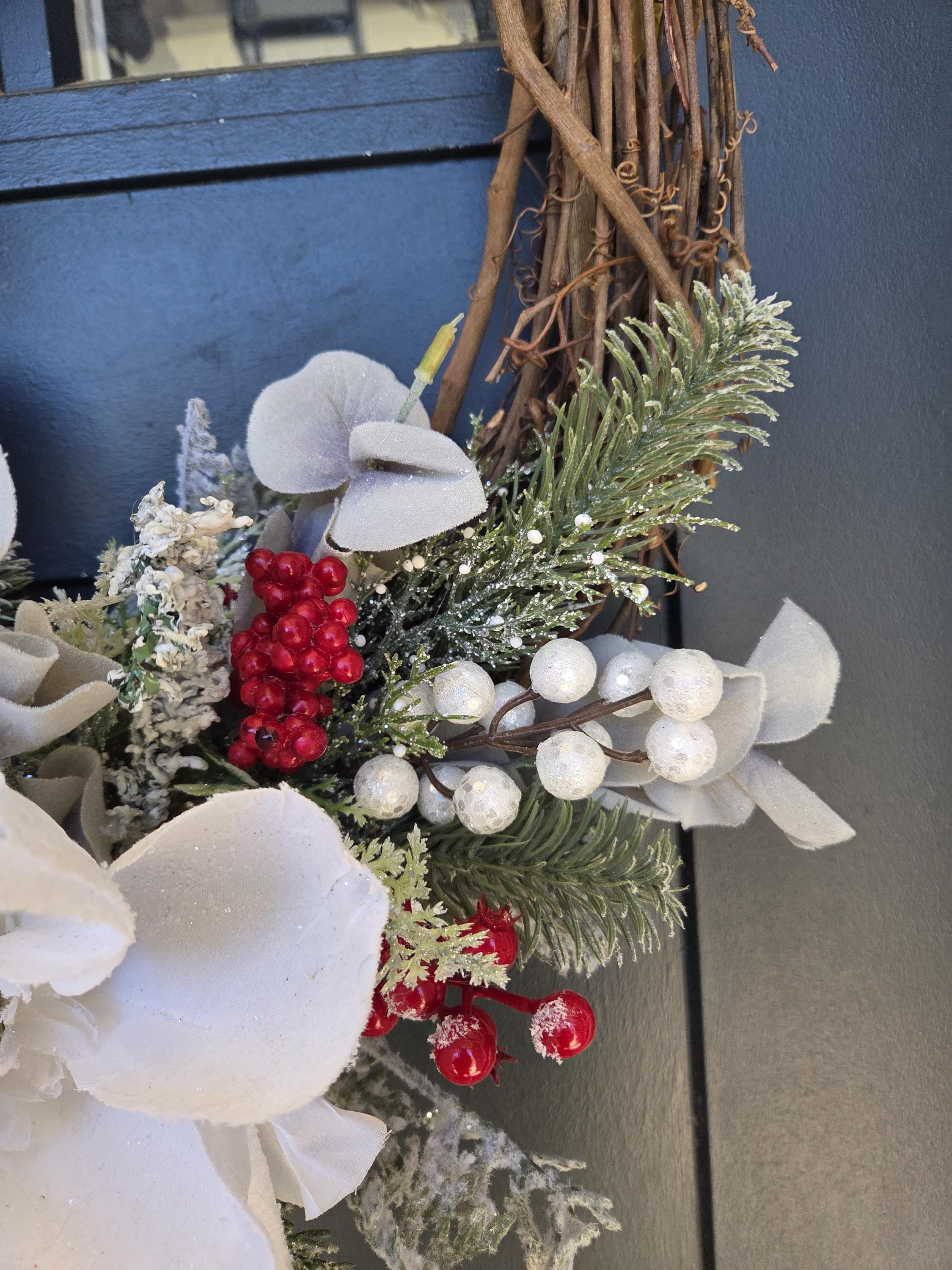 White Magnolia Winter Wreath: Flocked Greenery, Red Berries, Velvet Bow ...