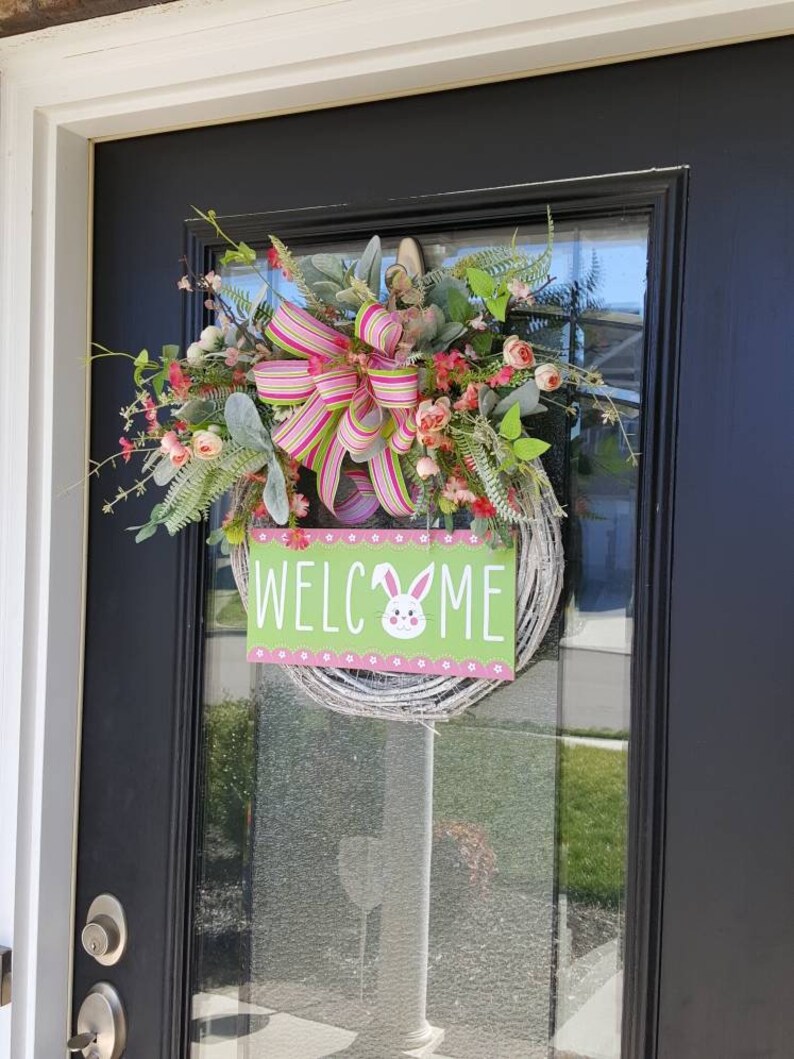 Easter Welcome Bunny Wreath for Front Door Spring Pink and | Etsy