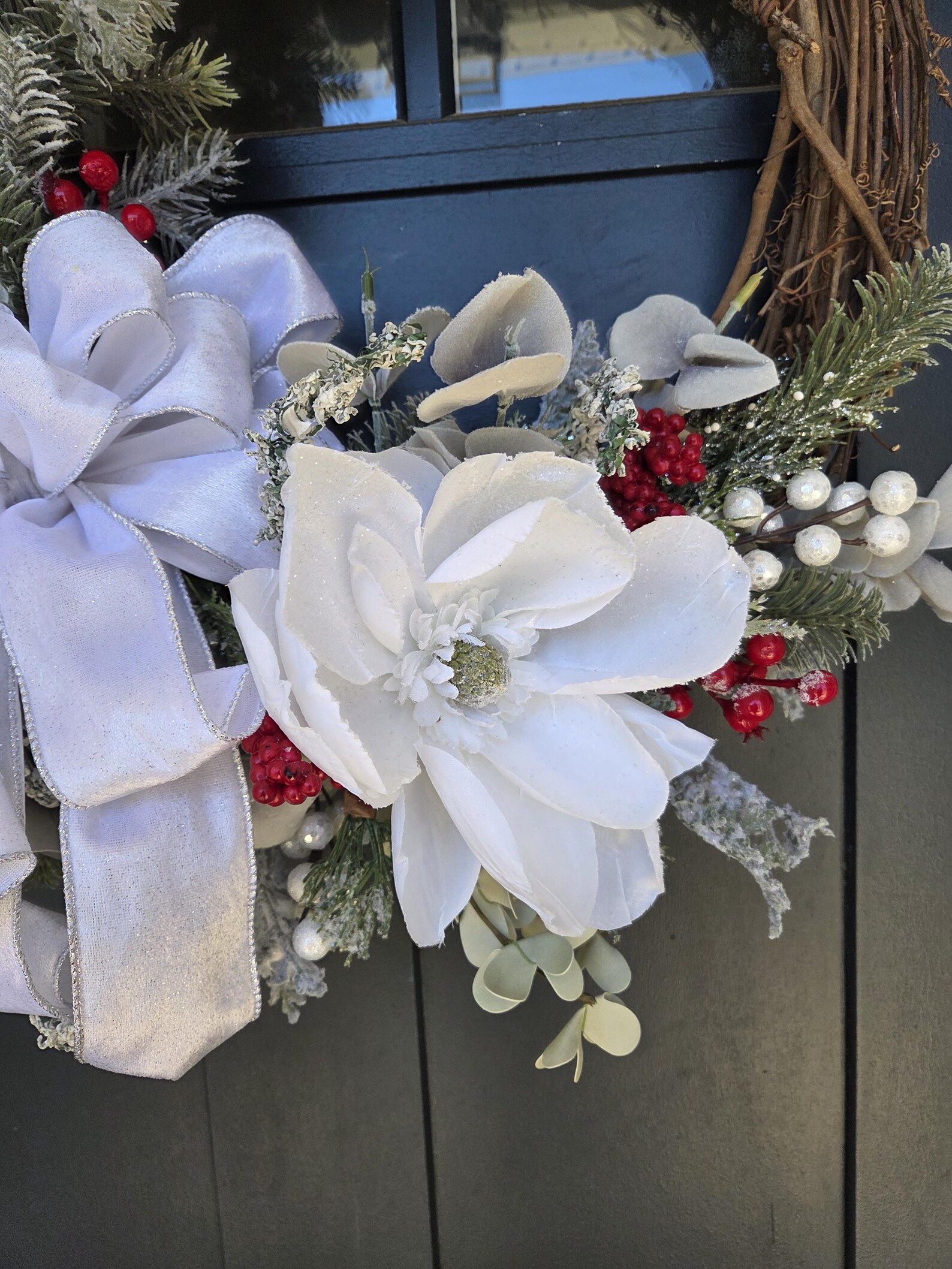 White Magnolia Winter Wreath: Flocked Greenery, Red Berries, Velvet Bow ...