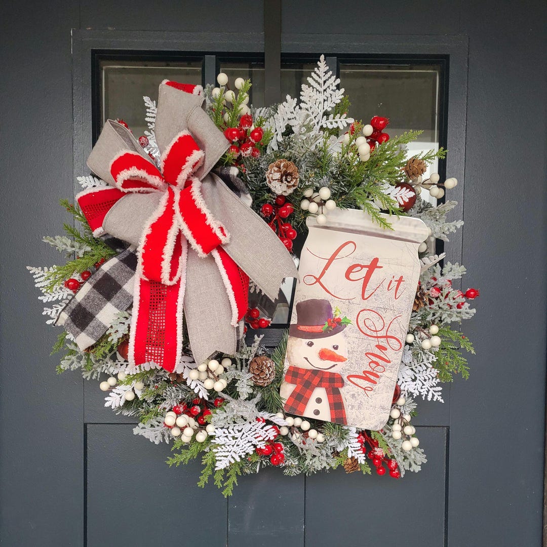 Rustic Snowman Wreath With Bows, Berry Wreath, Snowman Evergreen With ...