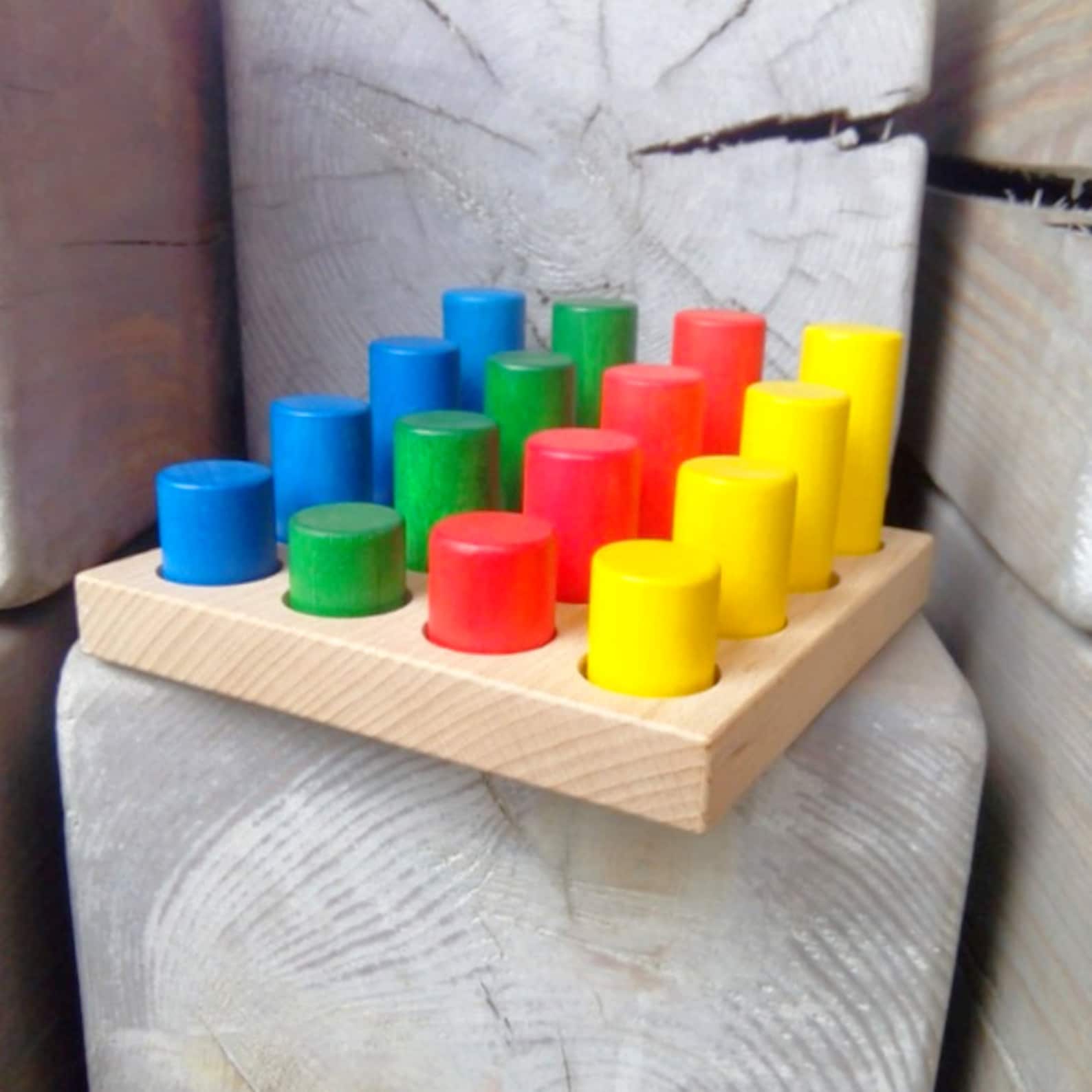 Rainbow Cylinders Set 16, Montessori Wooden Educational Puzzle, Color ...