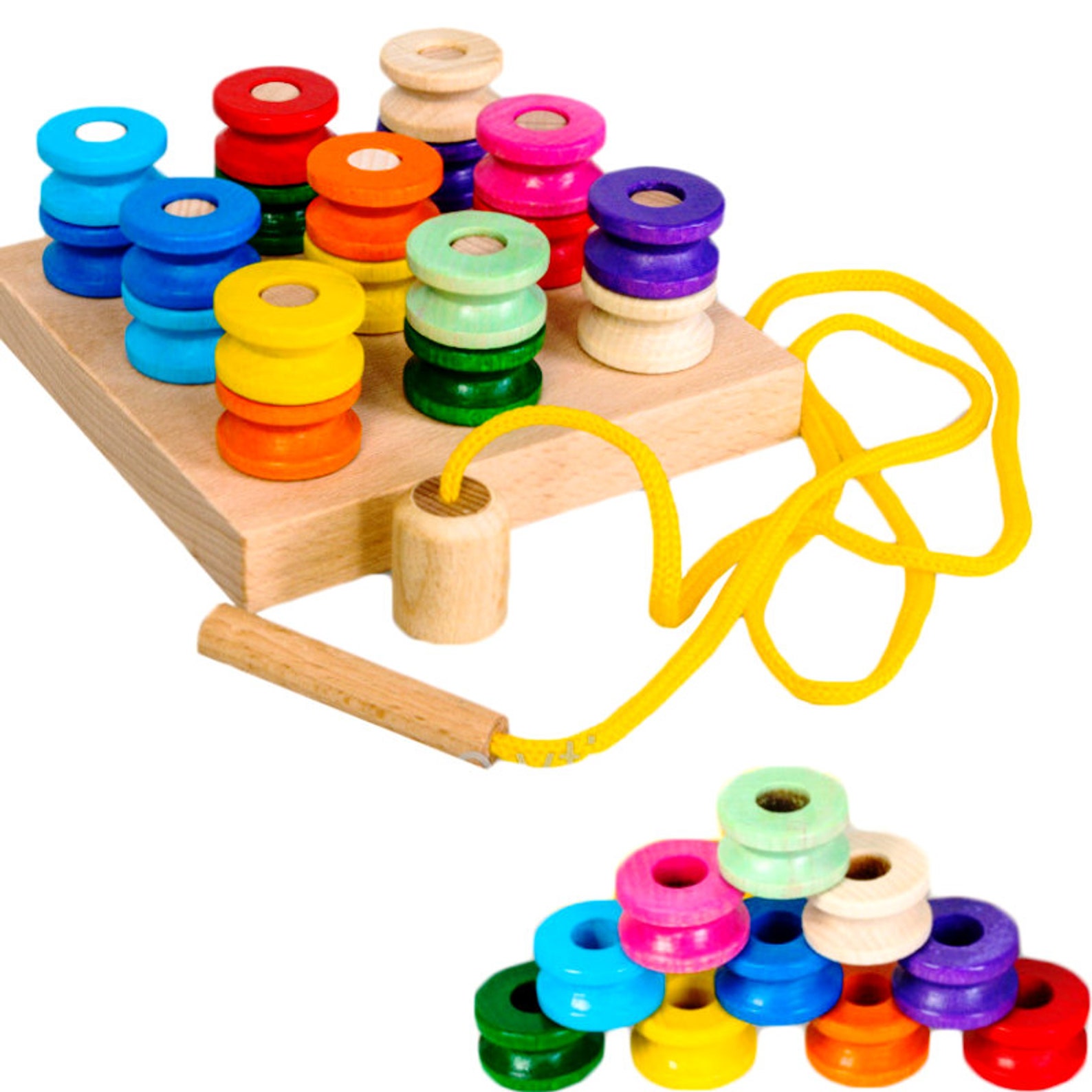 Wooden Lacing Spools Toy, Rainbow Spools, Rainbow Stacker, Lacing ...