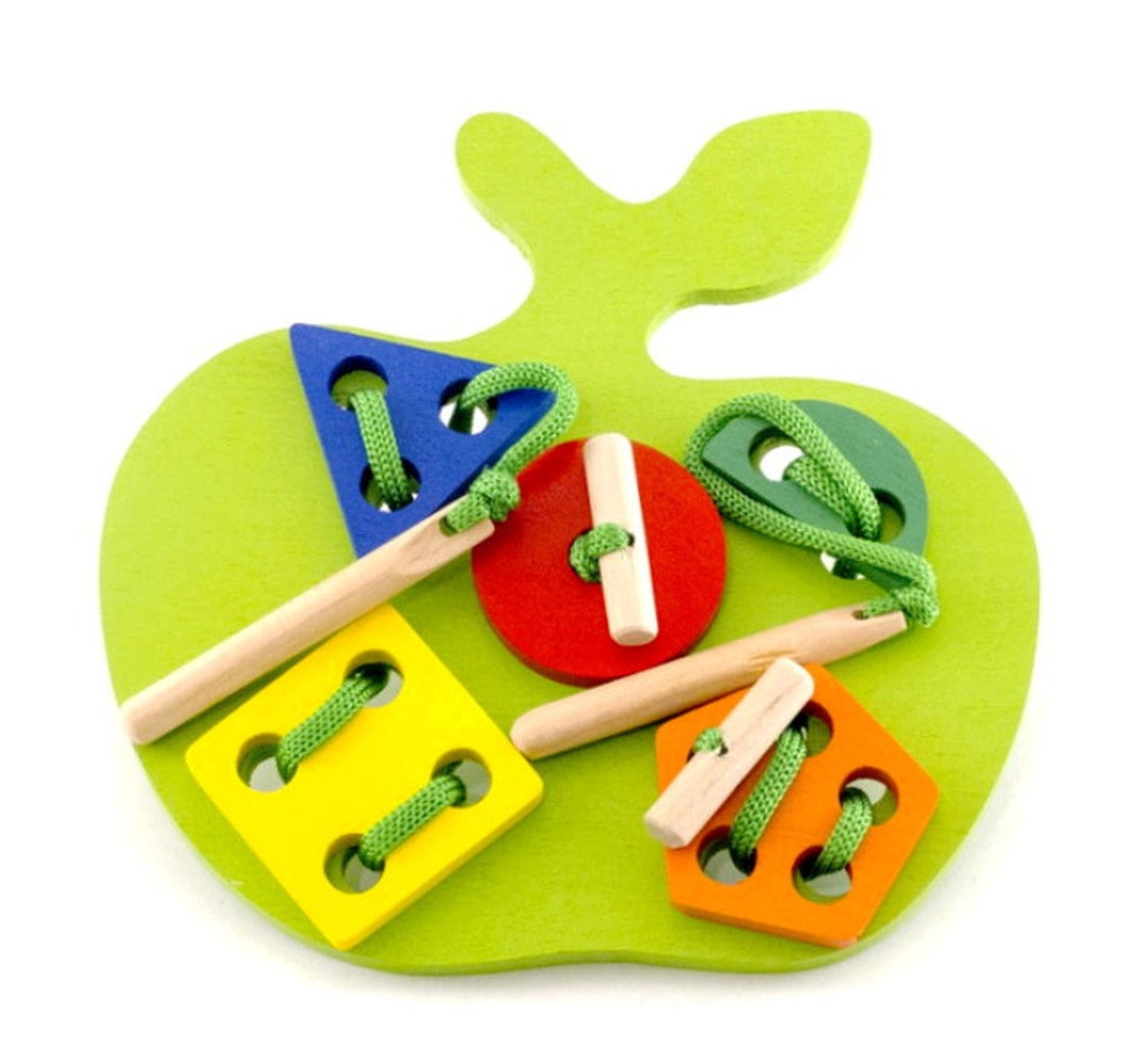 Wooden Lacing Apple Toy, Geometric Shapes Lacing, Wooden Apple Toy ...