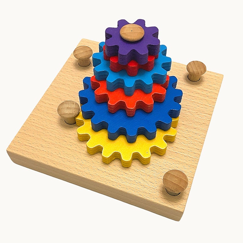 Wooden Gear Shapes Stacker, Stacking Rainbow, Wooden Ring Stacker, Wood ...
