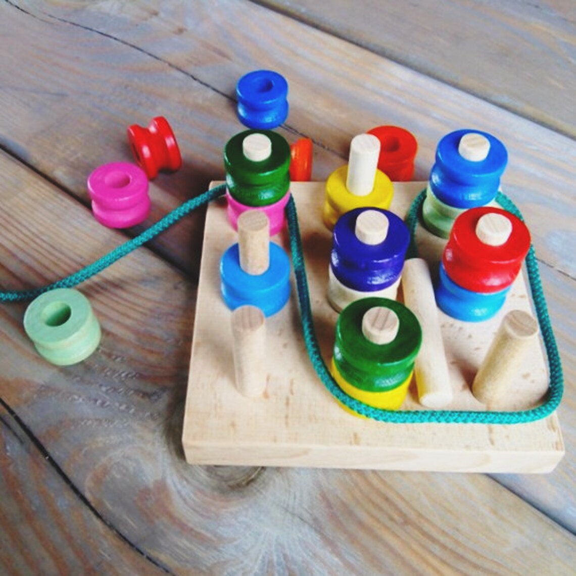 Wooden Lacing Spools Toy, Rainbow Spools, Rainbow Stacker, Lacing ...