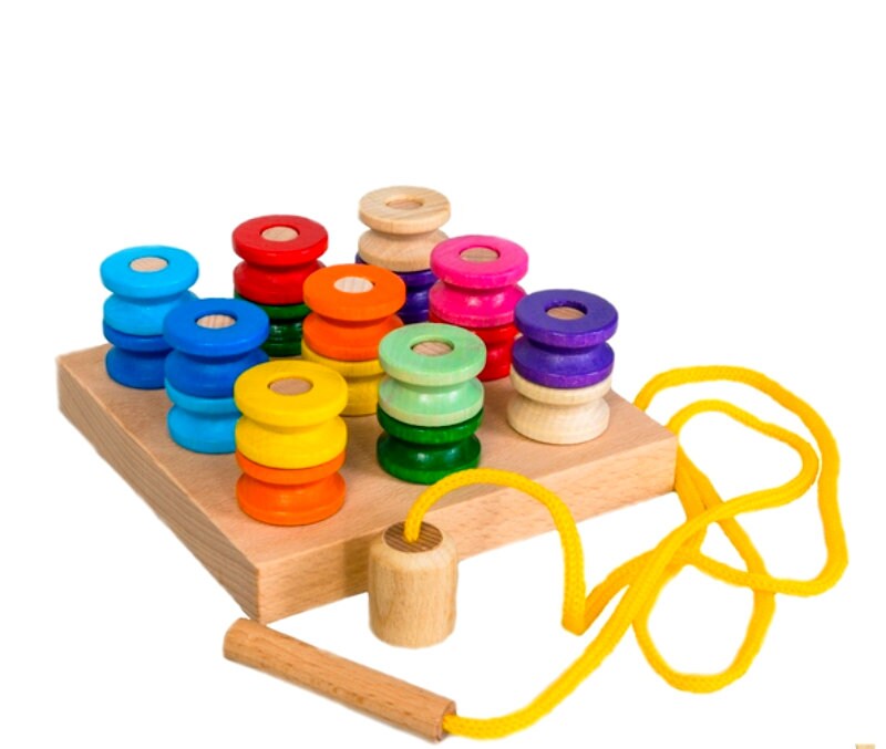 Wooden Lacing Spools Toy, Rainbow Spools, Rainbow Stacker, Lacing ...