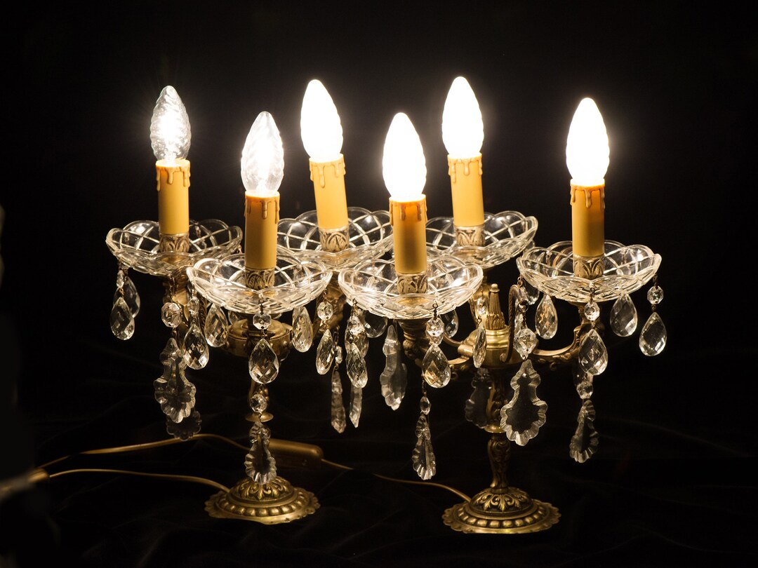 Pair Crystal and Brass Candlesticks Girandole Table Chandeliers With ...