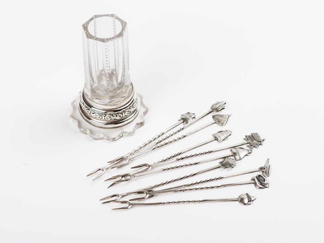 Sterling Silver Cocktail Sticks Vintage Set of 10 and Glass Holder With ...
