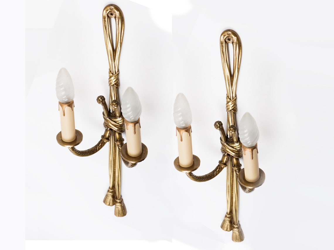 Pair Large Brass Wall Faux Candle Sconce Vintage Restored Working ...