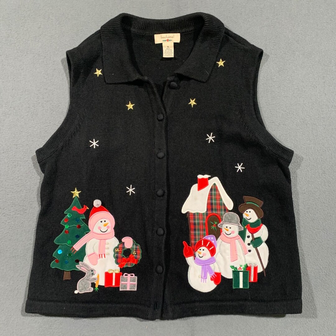 Vintage Womens XL Black Christmas Snowman Tree Vest Sweater Ramie ...
