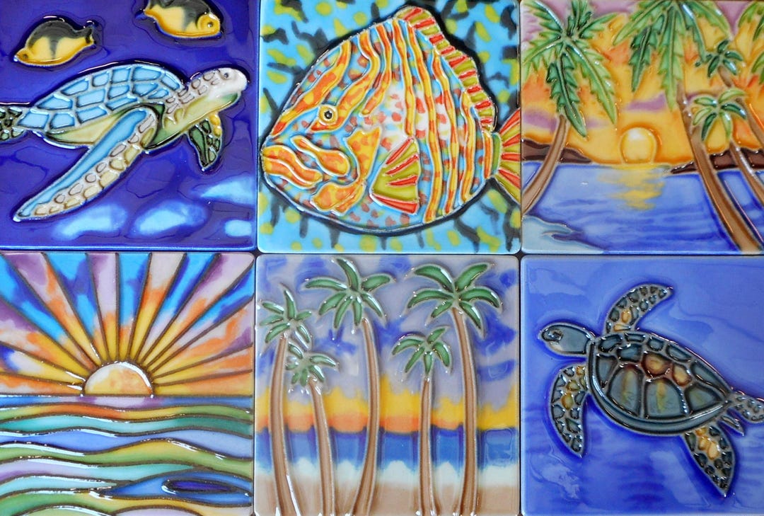 Beach Set of 6 Hand Painted Ceramic Art Tile Magnets 3x3 Inches Each - Etsy