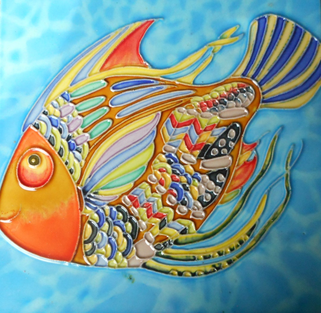 Fish Hand Painted Ceramic Art Tile 8x8 Inches With Easel Back - Etsy