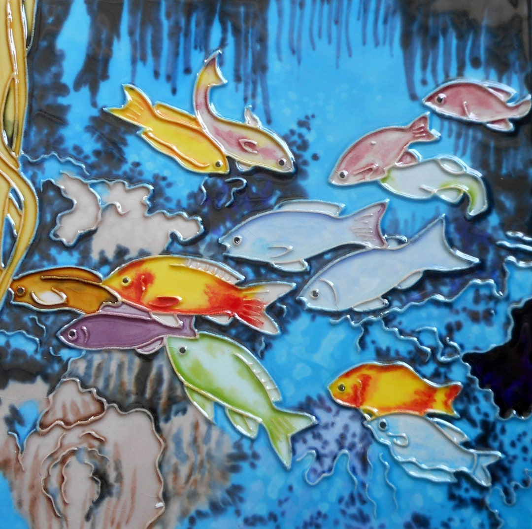 Tropical Fish Hand Painted Ceramic Art Tile 8x8 Inches With Fiberboard ...