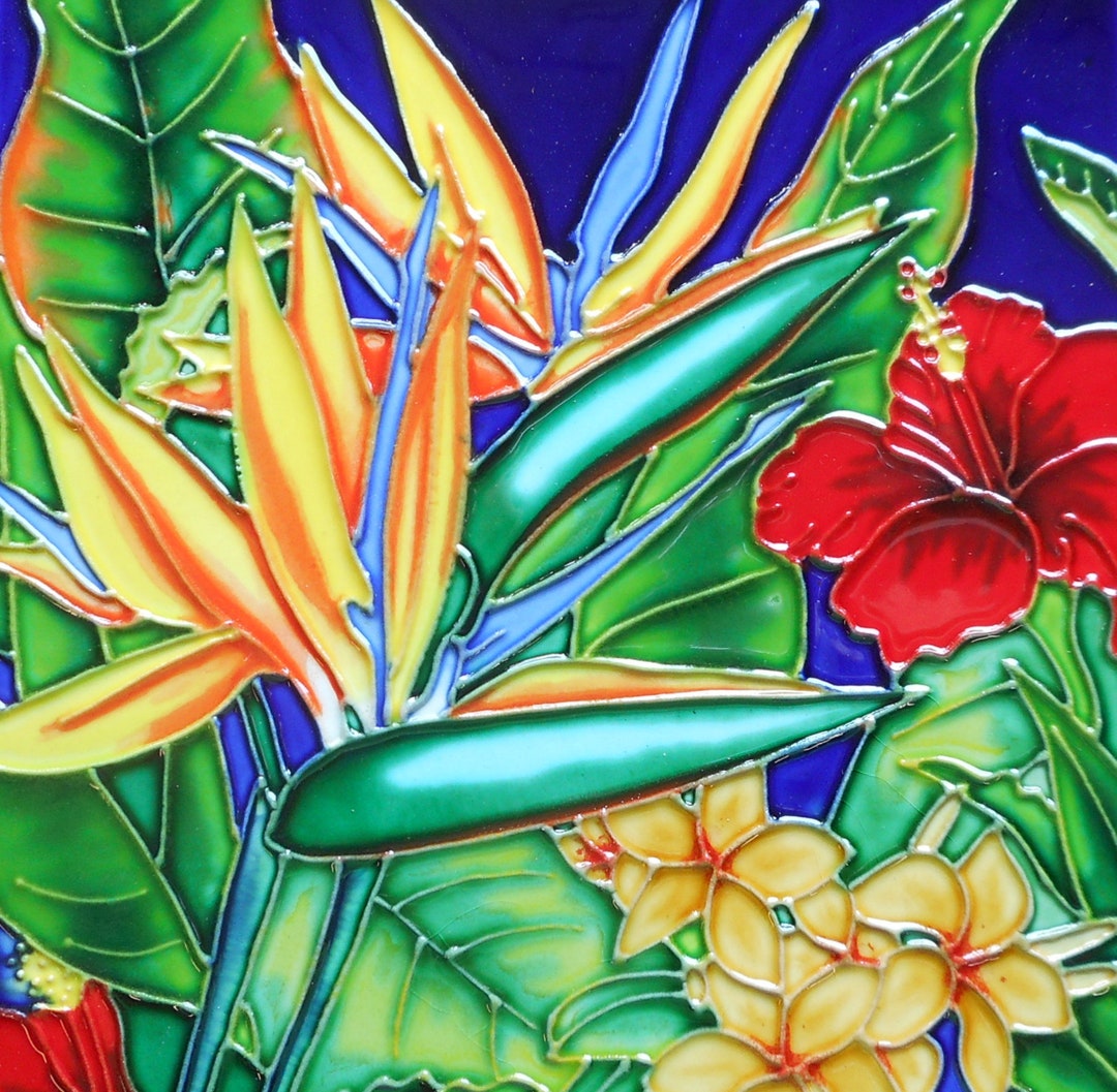 Tropical Flower Hand Painted Ceramic Art Tile 8x8 Inches With Easel ...