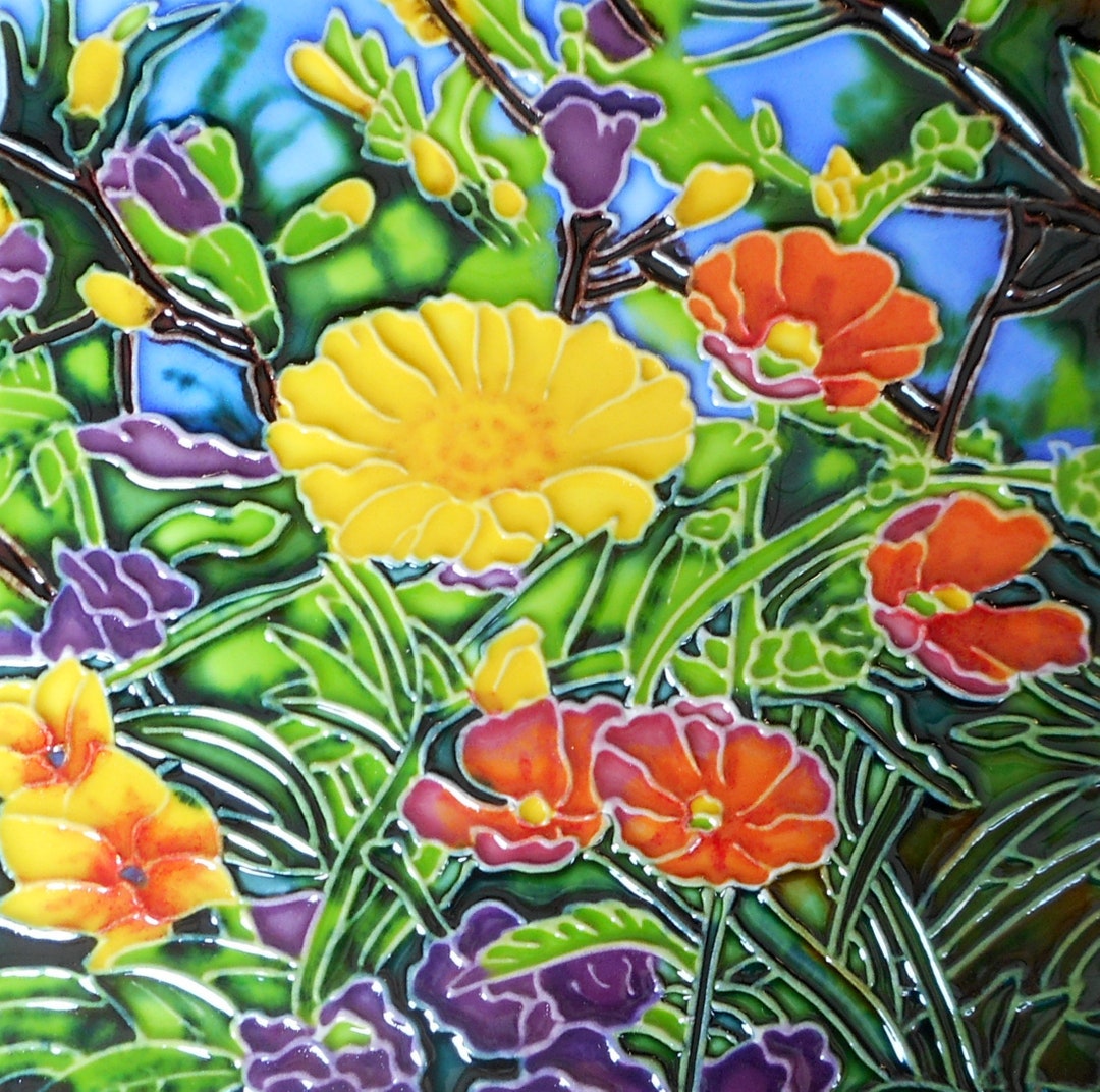 Flowers Hand Painted Ceramic Art Tile 8x8 Inches With Easel Back - Etsy