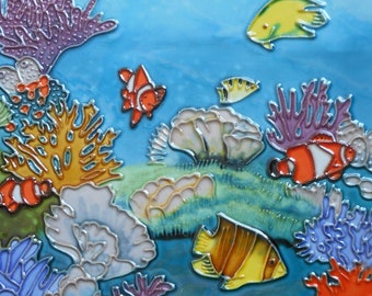 Tropical Fish Hand Painted Ceramic Art Tile 8x8 Inches With Fiberboard ...