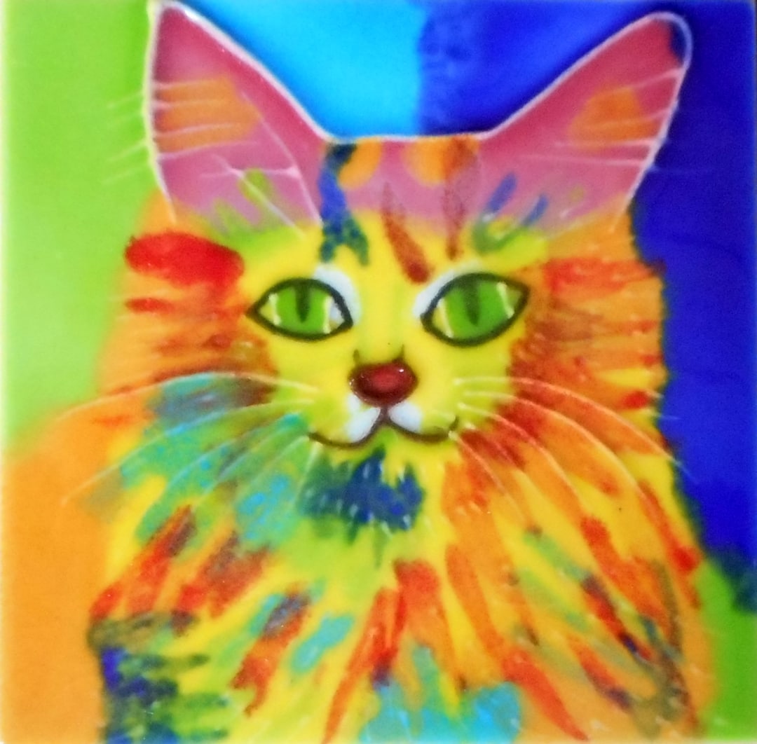 Colorful Cat Hand Painted Ceramic Art Tile Coaster 4x4 Inches - Etsy