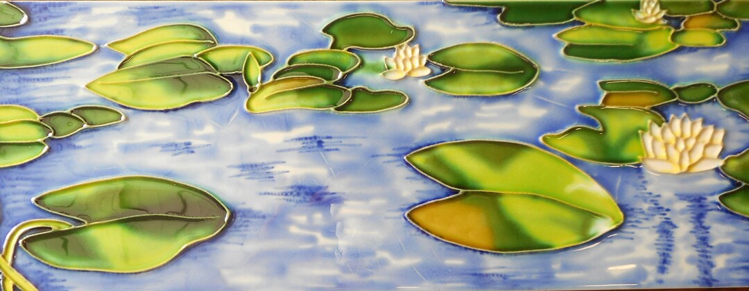 Water Lily Hand Painted Ceramic Art Tile 6 X 16 Inches With Felt Back ...